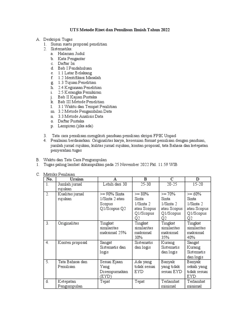 UTS Metode Riset Dan Penulisan Ilmiah Tahun 2022 | PDF