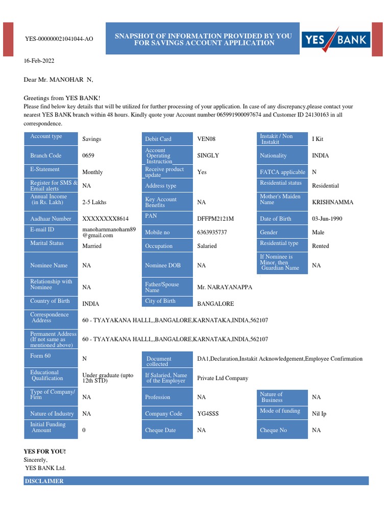 Yes Bank Account Application Details | PDF | Banks | Cheque