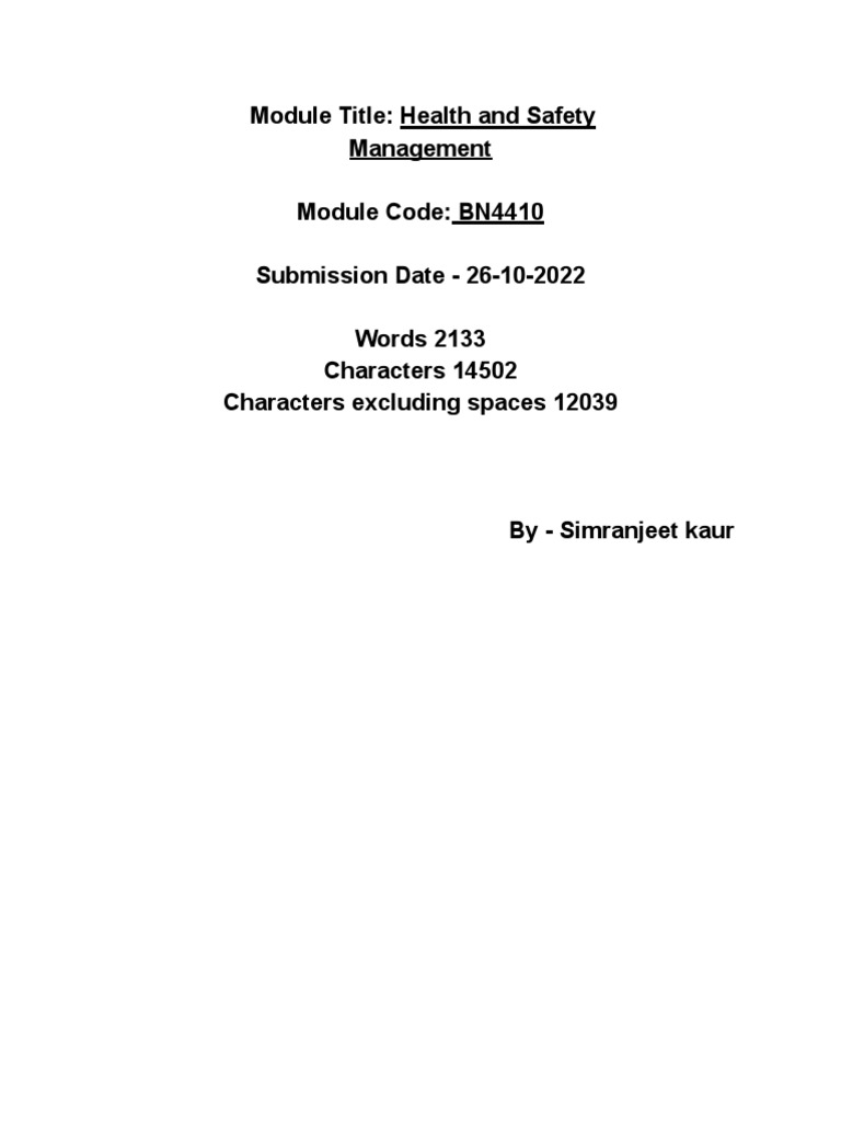 Module Title - Health and Safety Simranjeet Kaur Management | PDF ...