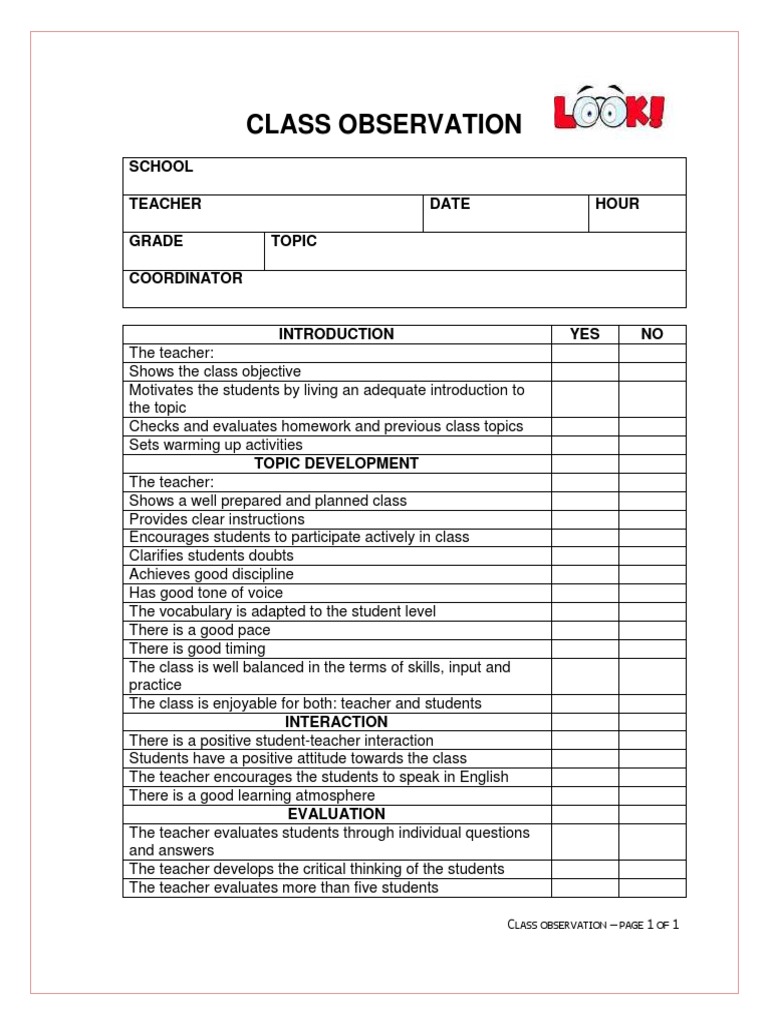 Class Observation: School Teacher Date Hour Grade Topic Coordinator | PDF