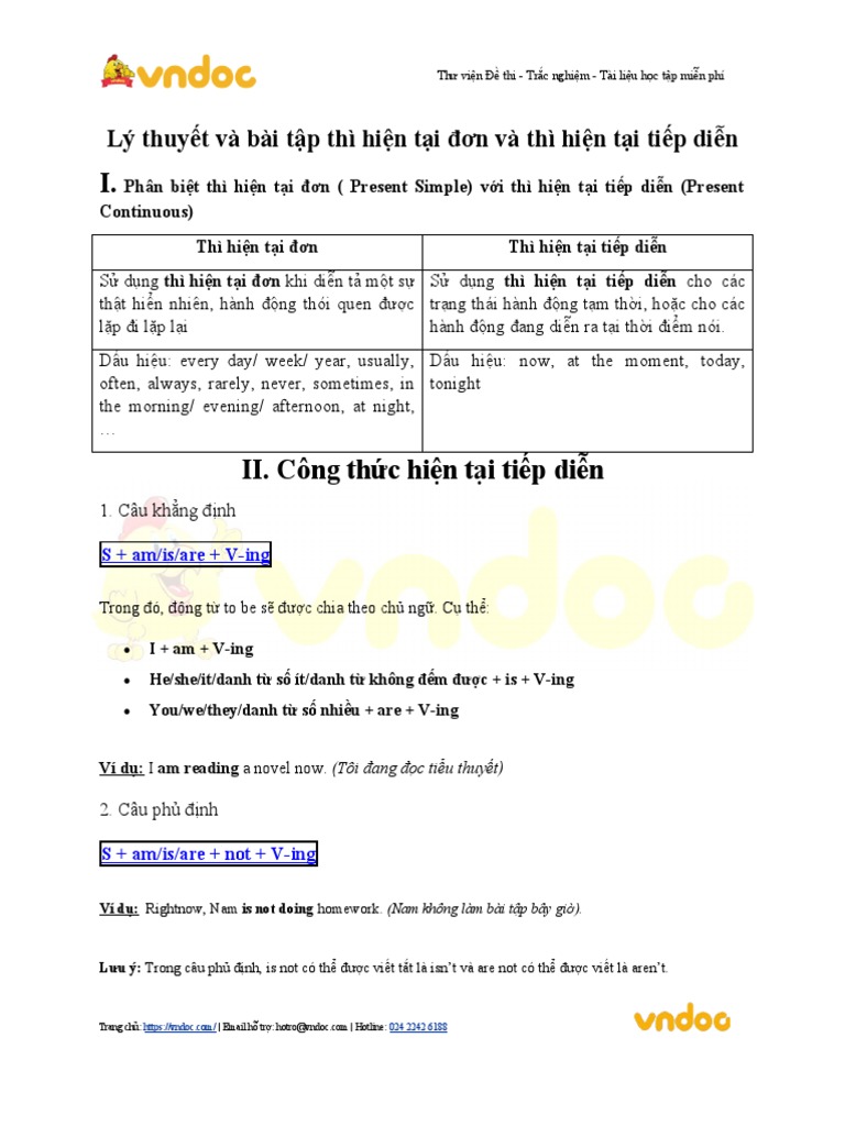 Ly Thuyet Va Bai Tap Thi Hien Tai Don Va Hien Tai Tiep Dien | PDF