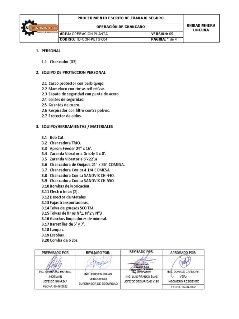 TD-CON-PETS-004 Operacion Chancado | PDF