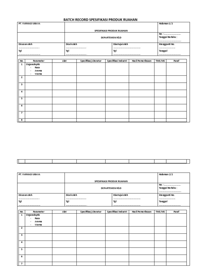 Batch Record Spesifikasi Produk Ruahan | PDF