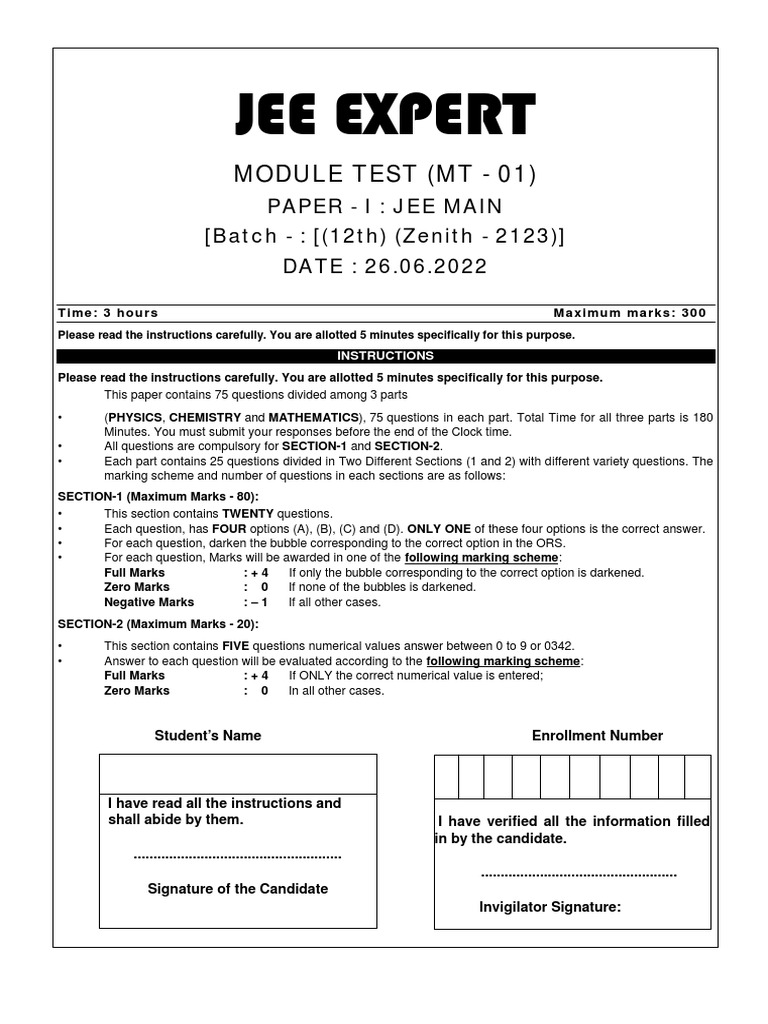 MT - 01 PCM JM Paper (26.06.2022) 12th | Download Free PDF | Sphere ...