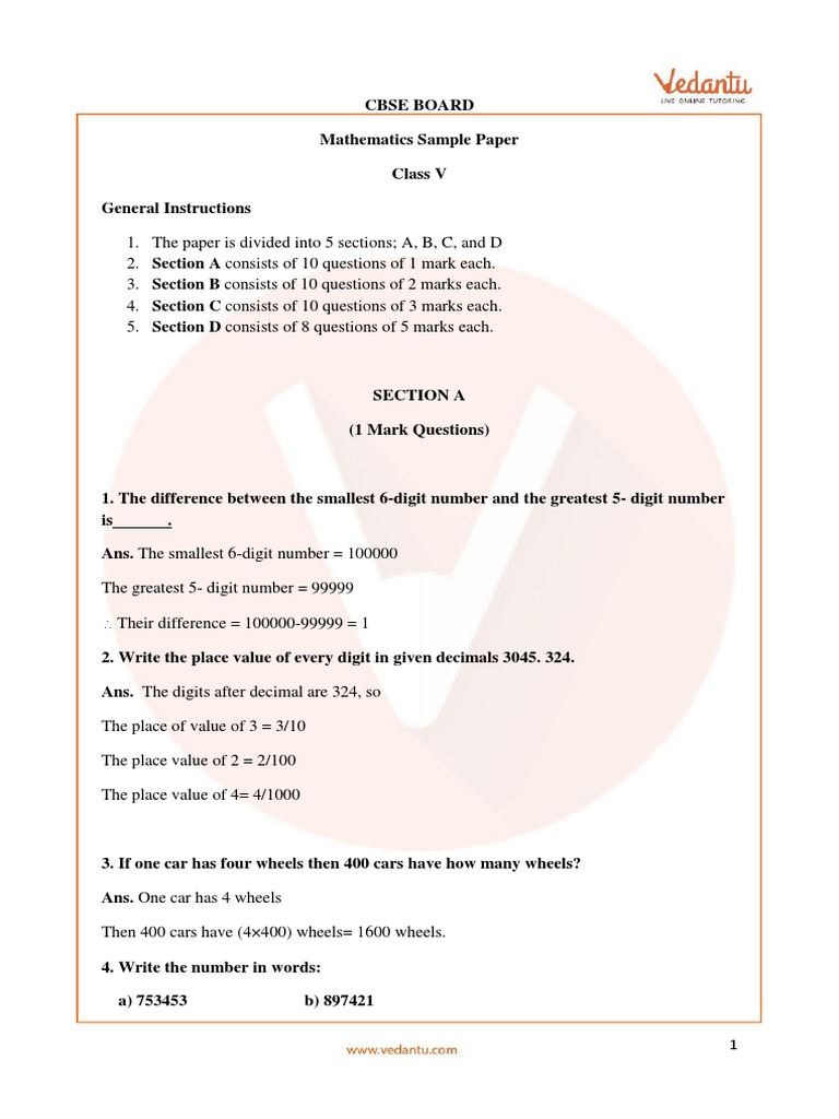 Sample Paper For Class 5 Maths - Mock 1 | PDF | Area | Length