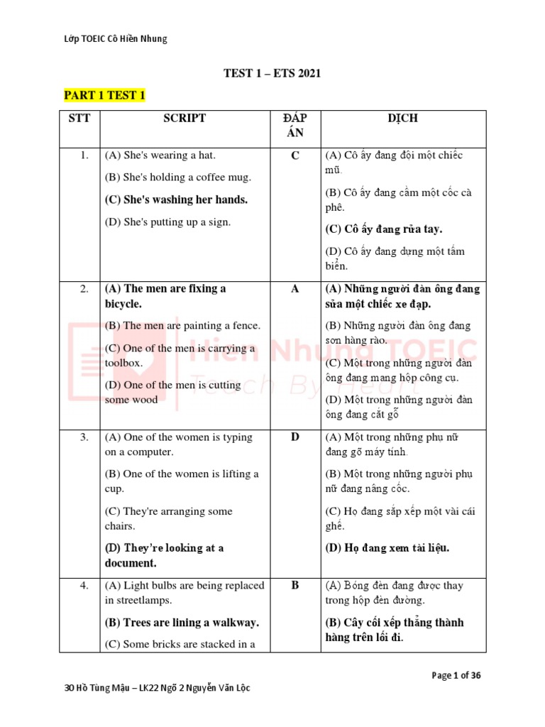 Ets 2021 LC Test 1 - Hiennhung Toeic | PDF