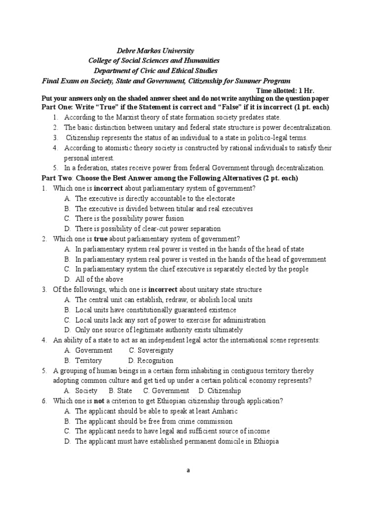 State Society Final Exam | PDF | Sovereignty | Ethiopia