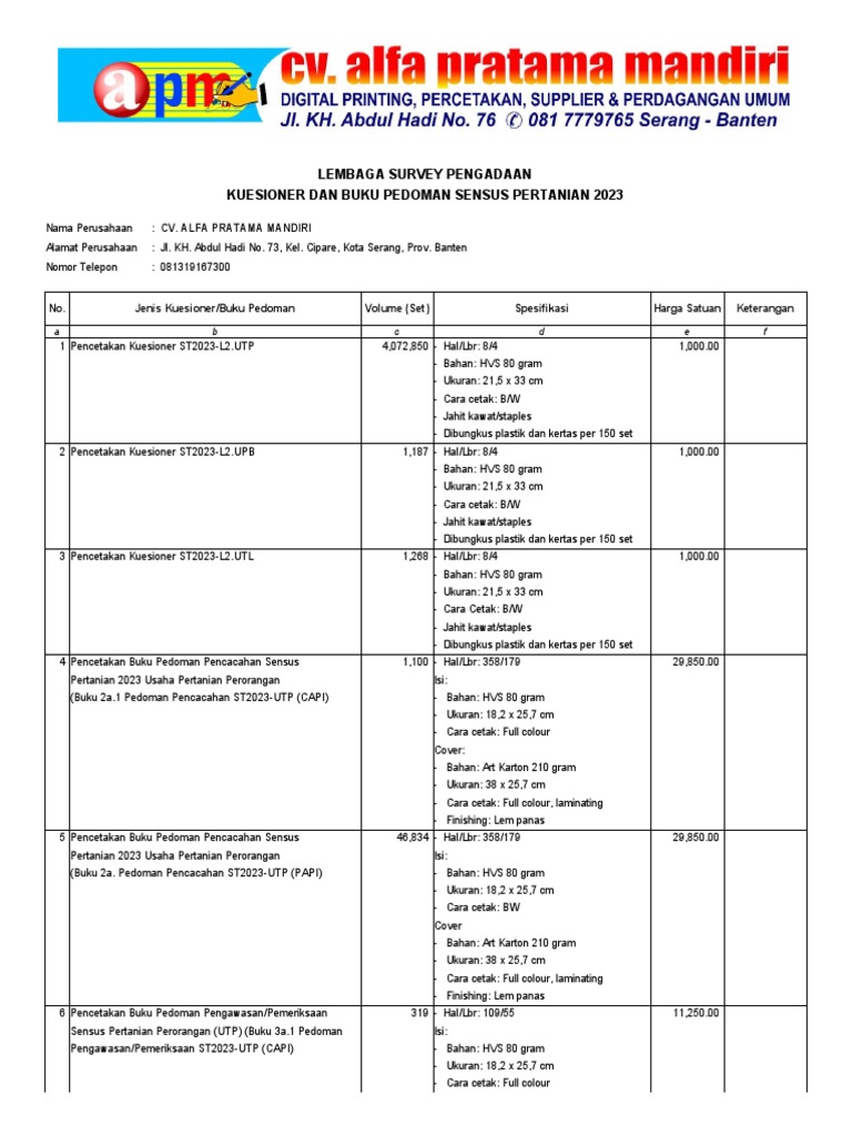 Lembar Survey Kuesioner Dan Buku Panduan Sensus Pertanian 2023 | PDF