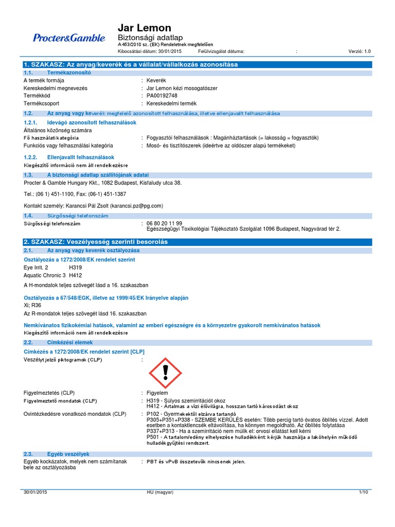 Jar Lemon CLP SDS - PG - PA00192748 - LDL - CLP - H319 - H412 - HU - HU ...