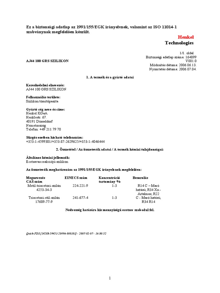 Ez A Biztonsági Adatlap Az 1991/155/EGK Irányelvnek, Valamint Az ISO 11014-1 Szabványnak ...
