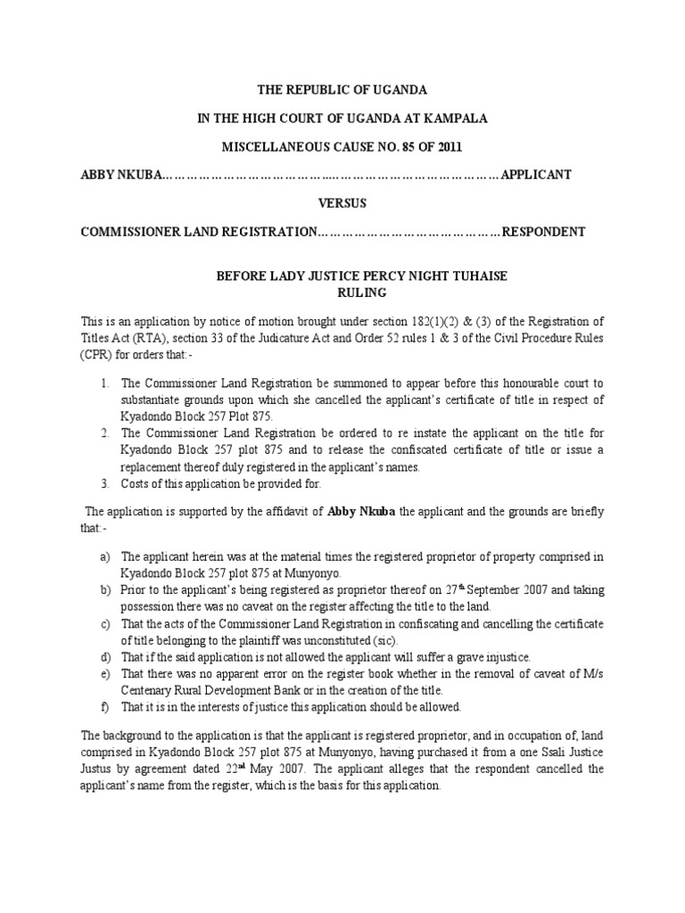 Abby Nkuba Vs Commissioner Land Registration | PDF | Ex Parte | Justice