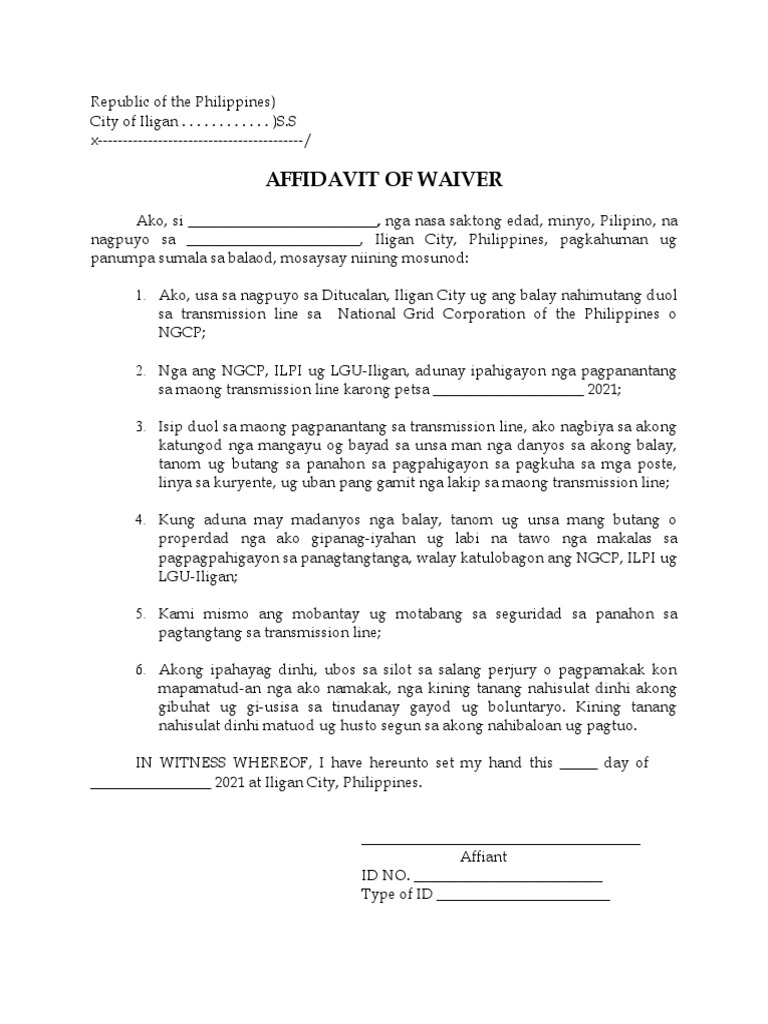 Affidavit of Waiver Bisaya | PDF