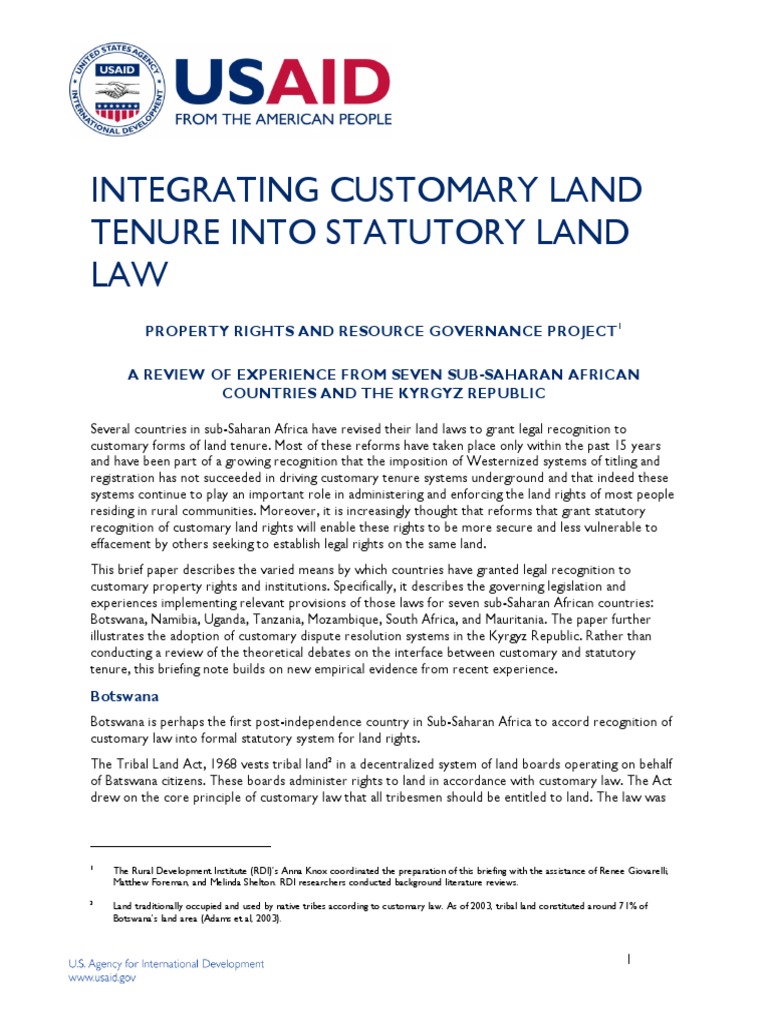 USAID Land Tenure PRRG Integrating Customary Land Tenure Into Statutory ...