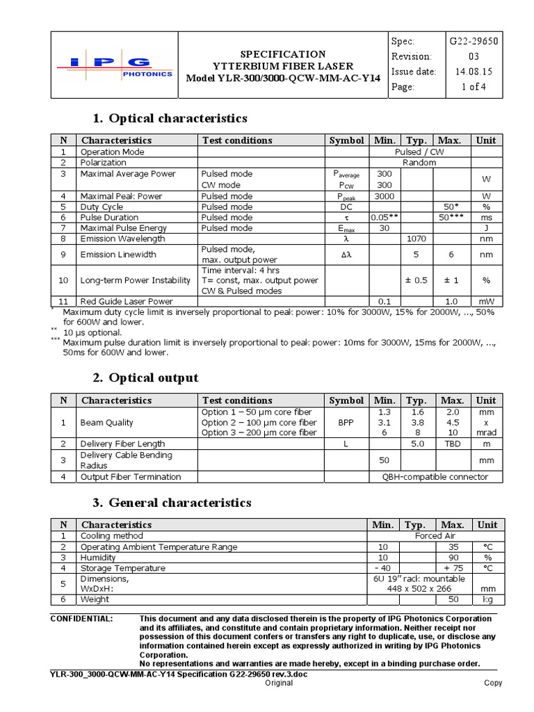 YLR 300 - 3000 QCW MM AC Y14 Specification G22 29650 Rev.3 | PDF ...