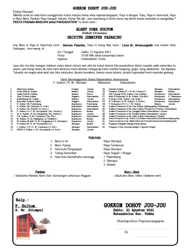 Undangan Pesta Adat Gultom-Pasaribu | PDF