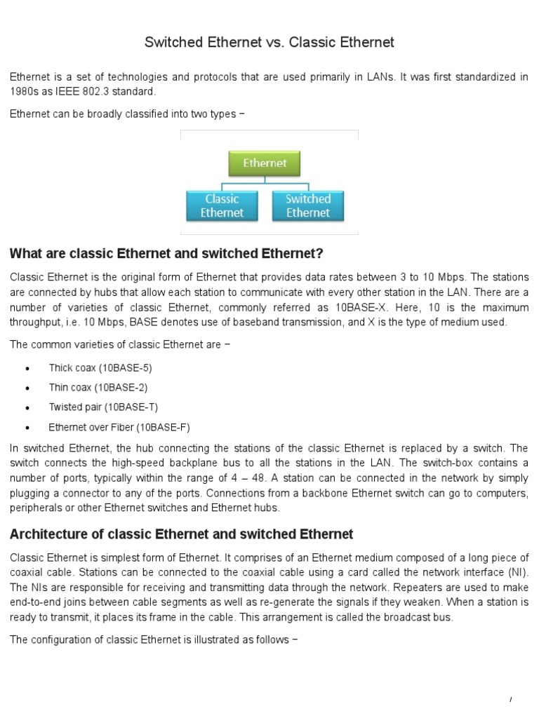 Switched Ethernet vs. Classic Ethernet | PDF | Ethernet | Network Switch Switched Ethernet vs. Classic Ethernet | PDF | Ethernet | Network Switch