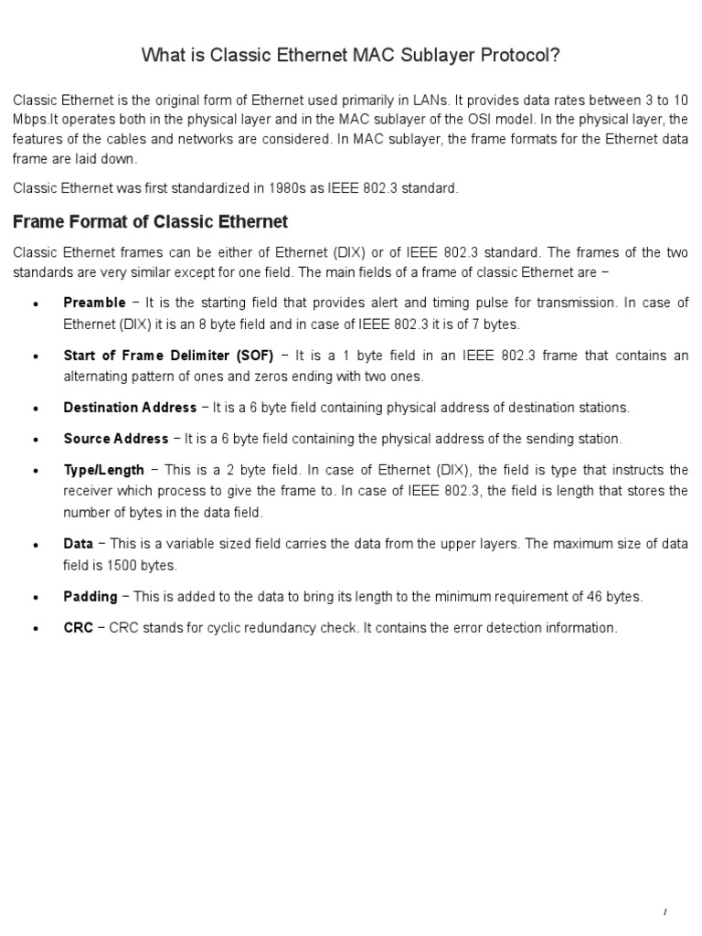 What Is Classic Ethernet MAC Sublayer Protocol | PDF | Computers
