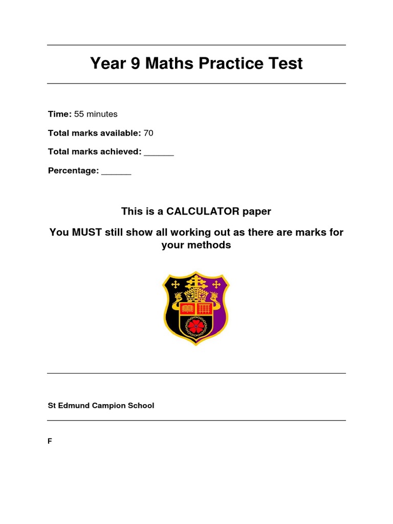 Year 9 Maths Practice Test Paper | PDF | Mathematics