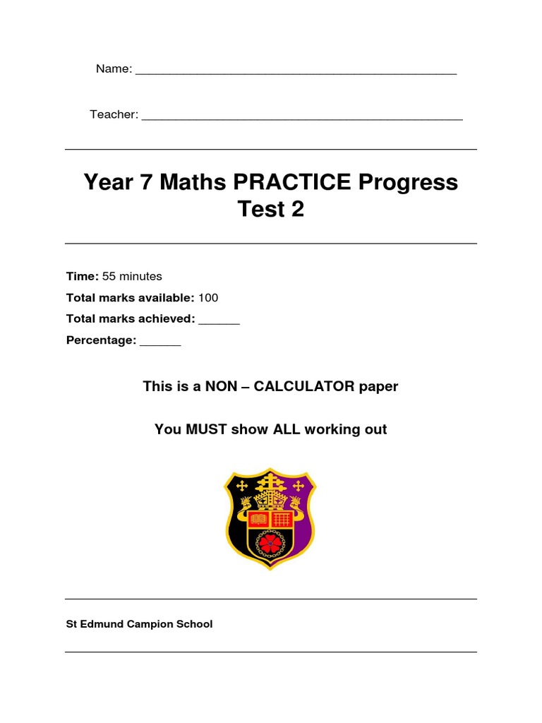 PRACTICE TEST Year 7 Maths Progress Test 2 | PDF | Area | Elementary ...