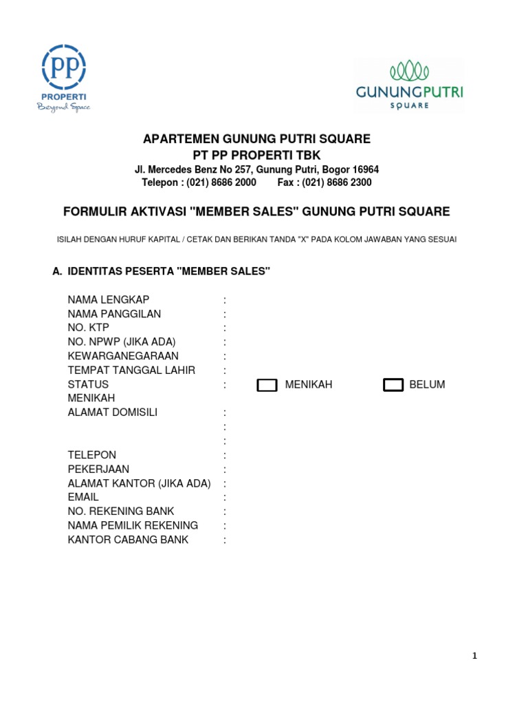 Form Aktivasi Member Sales GPS | PDF