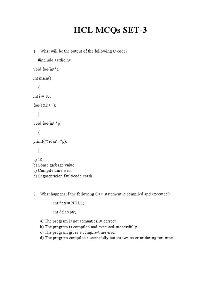 Hcl Mcqs Set 3 Pdf C Parameter Computer Programming