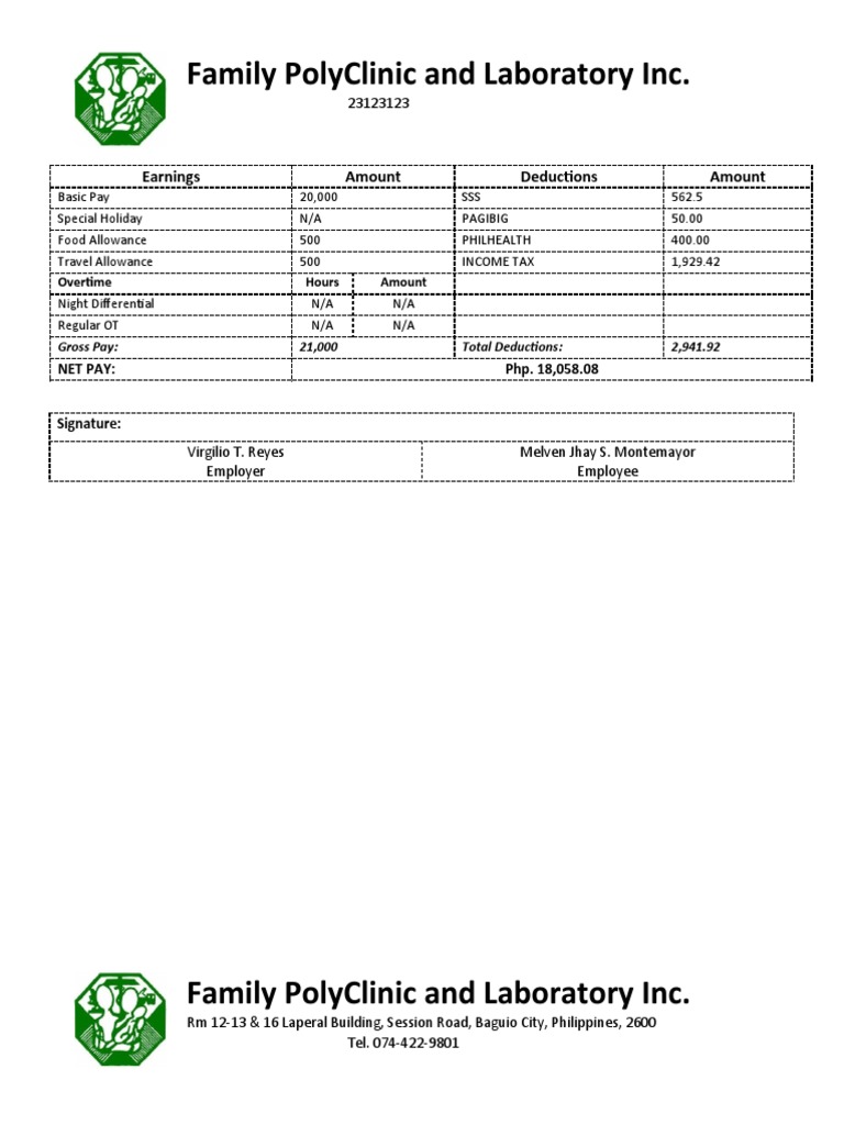 Family Polyclinic and Laboratory Inc.: Earnings Amount Deductions Amount | PDF | Payroll | Labor