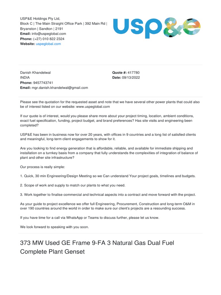 373 MW Used Ge Frame 9 Fa 3 Natural Gas Dual Fuel 220913 184115 | PDF ...