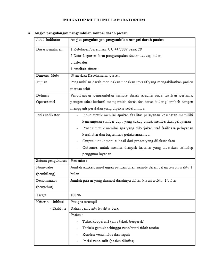 Indikator Mutu Unit Laboratorium A. Angka Pengulangan Pengambilan ...