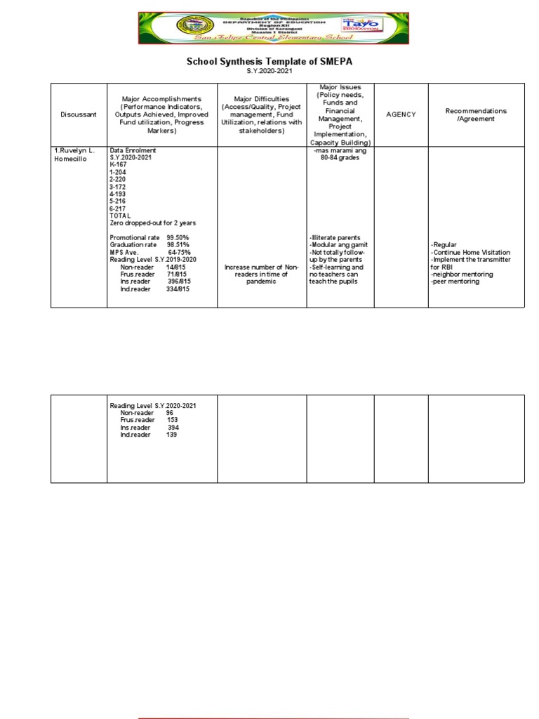 School Synthesis Template of Smepa | PDF | Capacity Building | Health ...