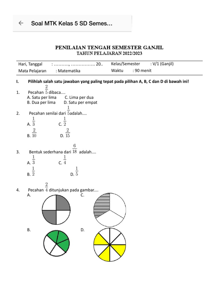 Soal MTK Kelas 5 SD Semester 1 | PDF
