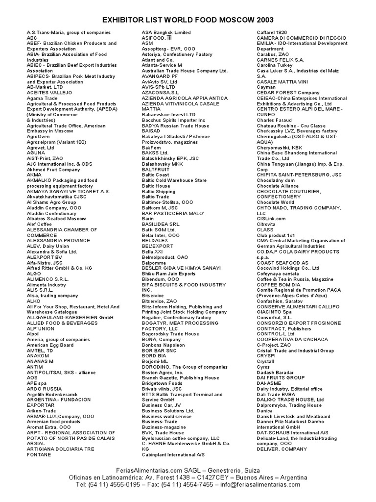 World Food Moscow 2003 Exhibitor List | PDF | Nutrition | Diet & Nutrition