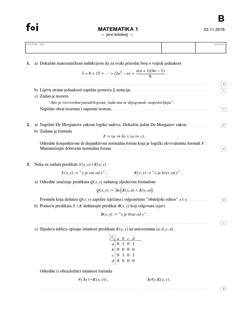 Matematika 1: 03.11.2018. - Prvi Kolokvij | PDF