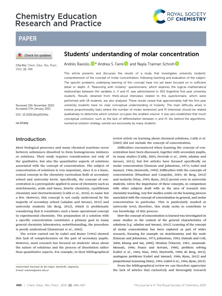 Raviolo, Farré, Traiman Schroh (2021) Students Understanding of Molar Concentration | Download ...