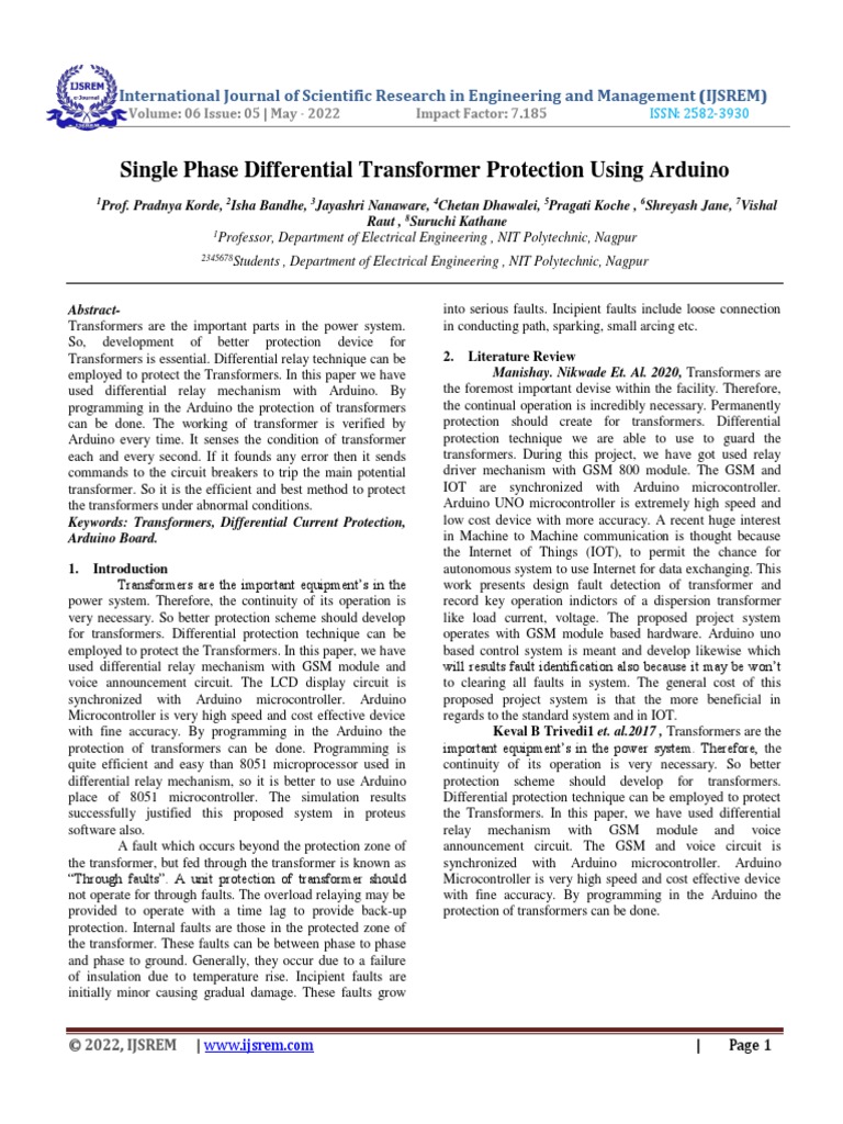 Single Phase Differential Transformer Protection Using Arduino | PDF ...