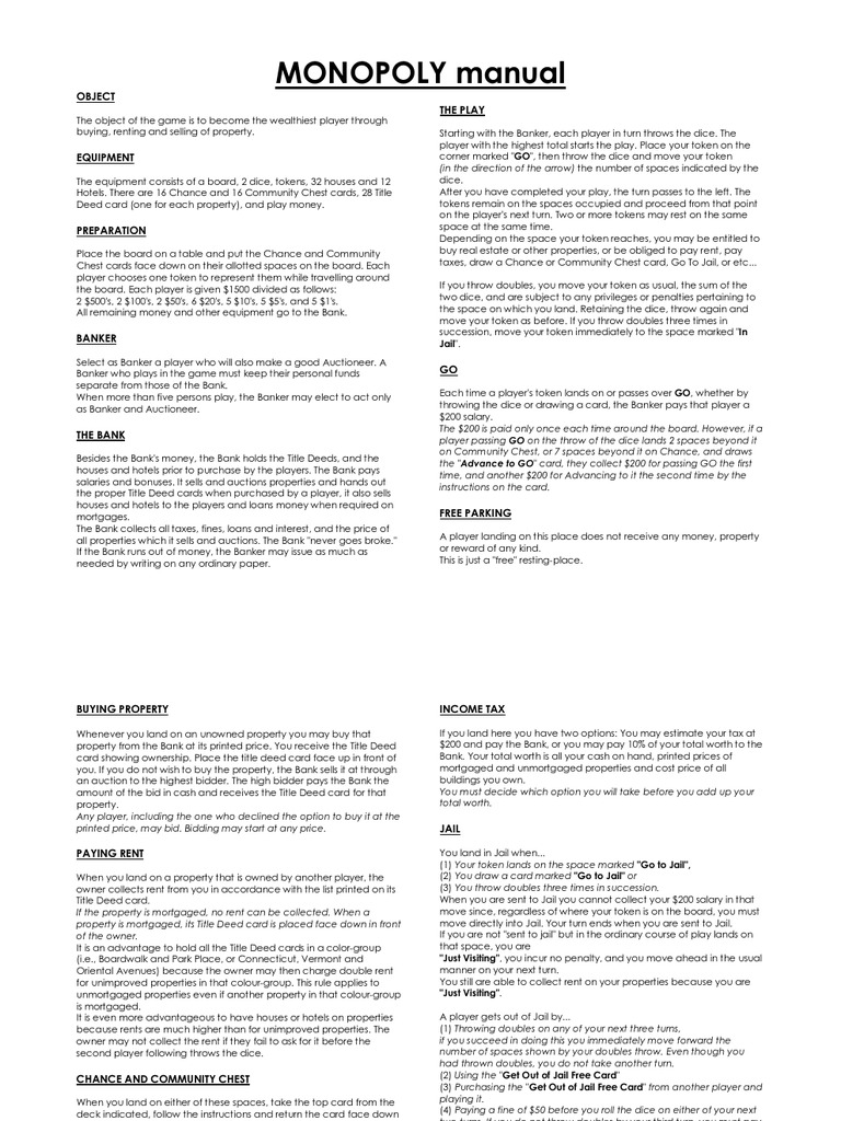 Monopoly Manual | PDF | Bankruptcy | Mortgage Loan