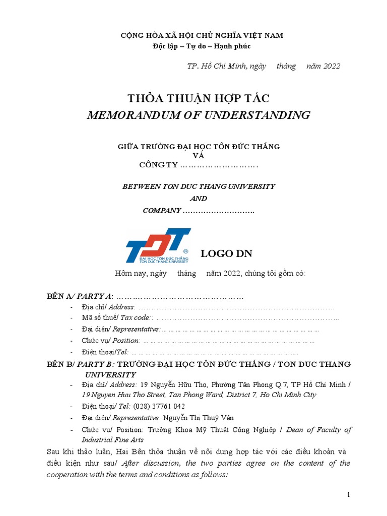 (M.O.U) TDTU & MTCN- Thỏa thuận hợp tác TDTU 2022 | PDF