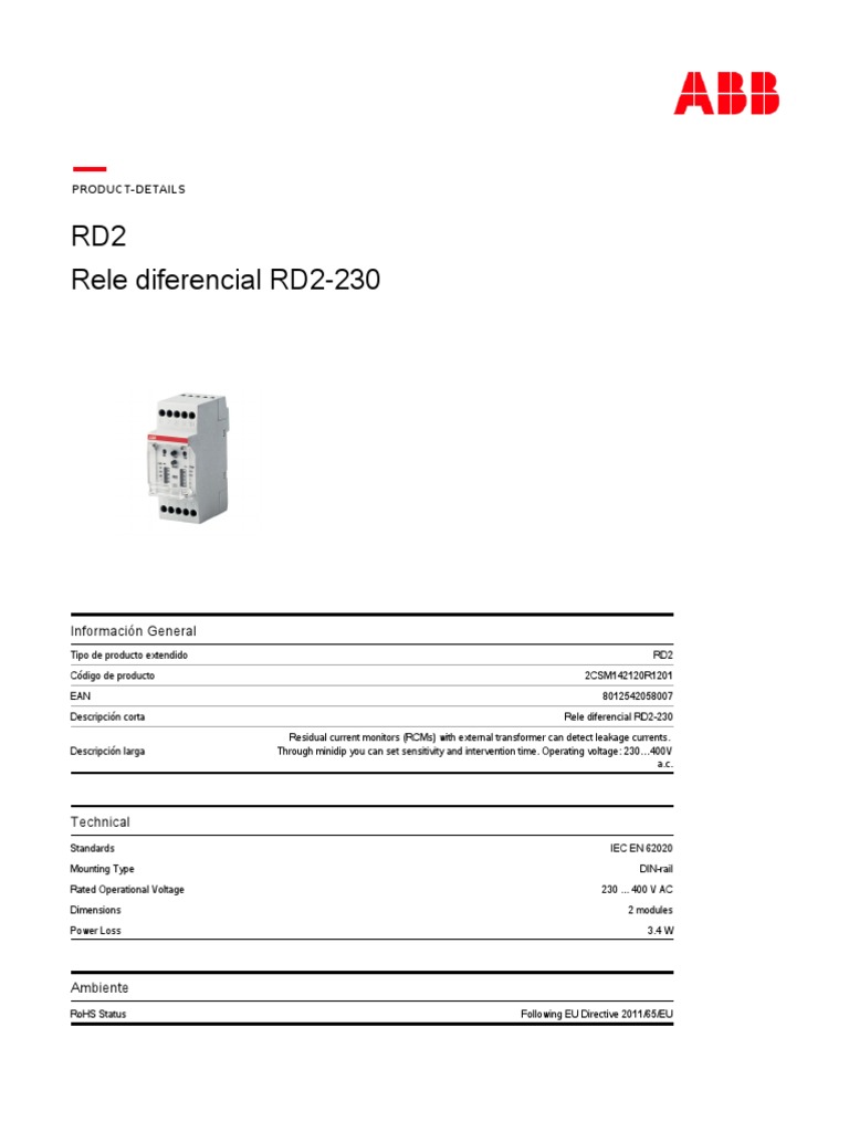 Ficha Técnica - Relé Diferencial - DR2 ABB | PDF | Ingenieria Eléctrica | Ingeniería de la Energía