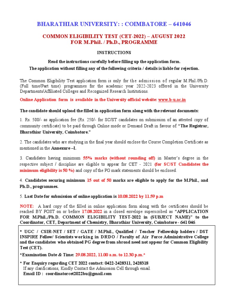 Instructions and Requirements for the Common Eligibility Test (CET-2022 ...