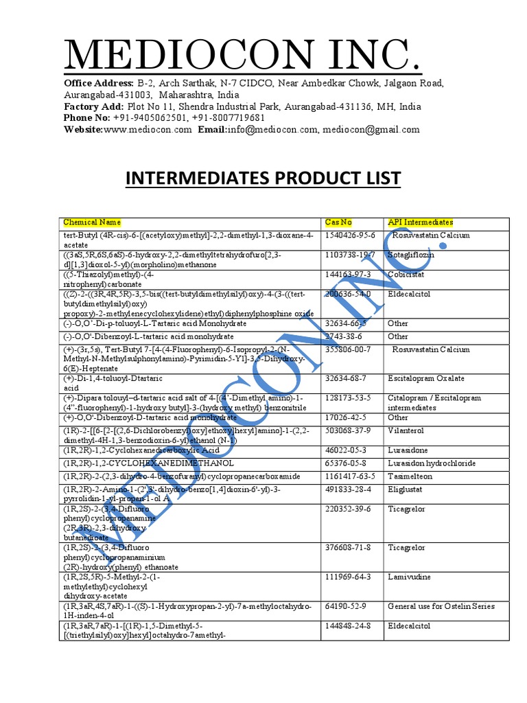 Mediocon Inc. Chemical Intermediates List | PDF | Ester | Chemistry