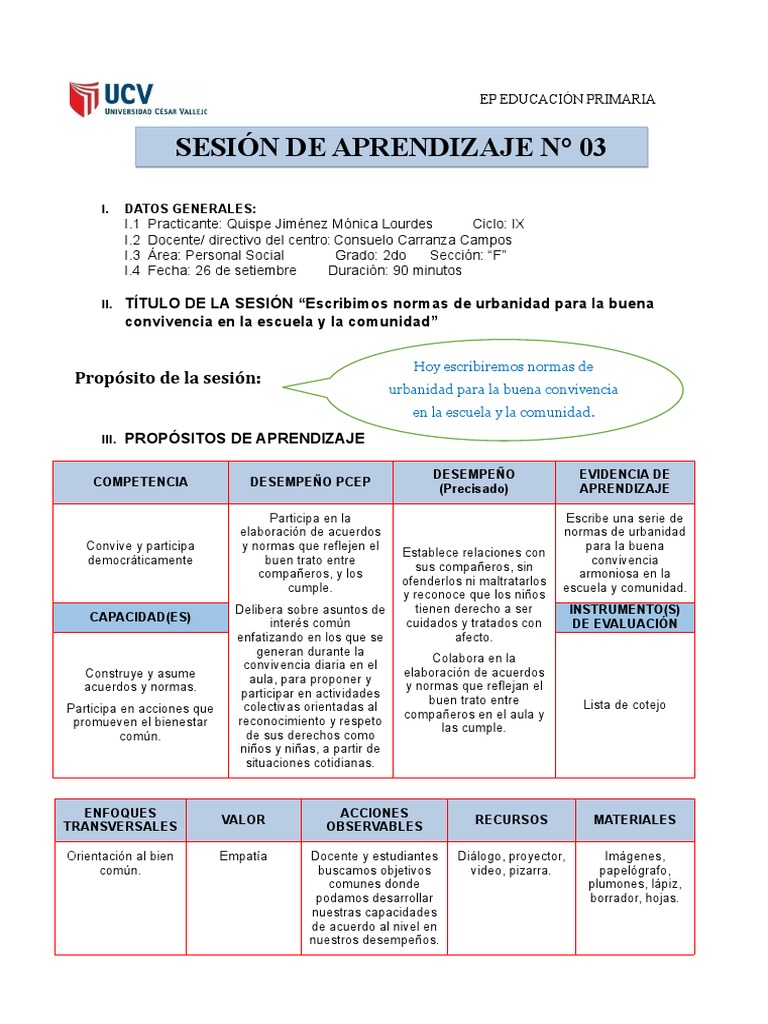 Sesión de Aprendizaje - Escribimos Normas de Convivencia | PDF | Maestros | Evaluación