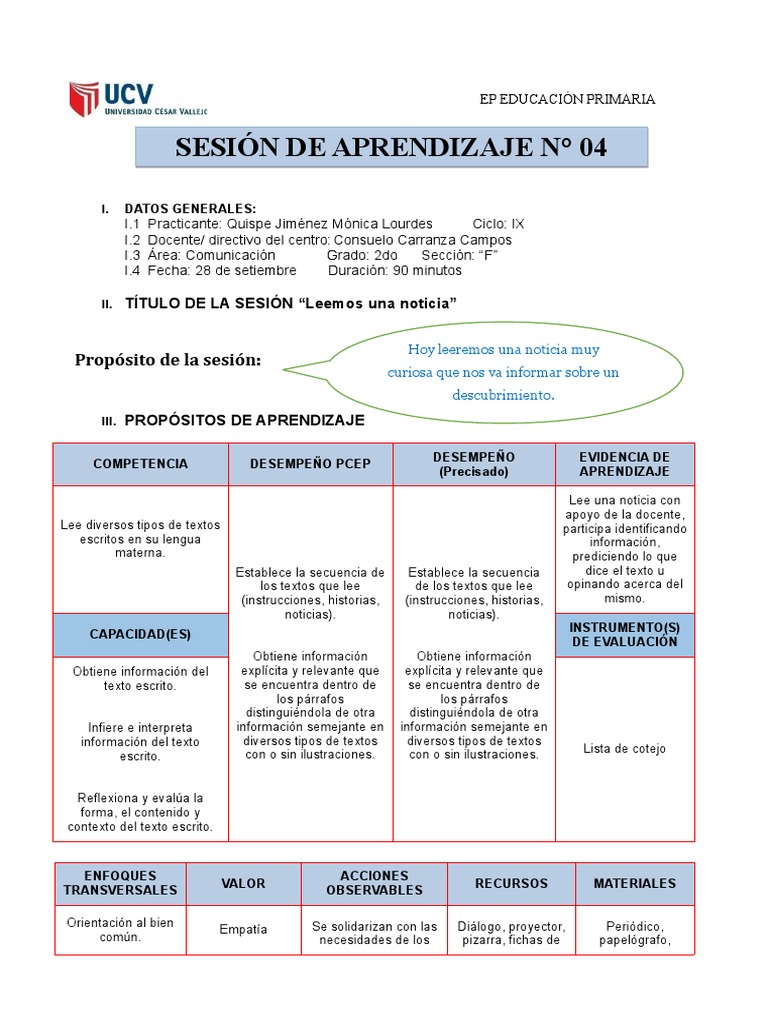 Sesión de Aprendizaje - Leemos Una Noticia | PDF | Aprendizaje | Maestros