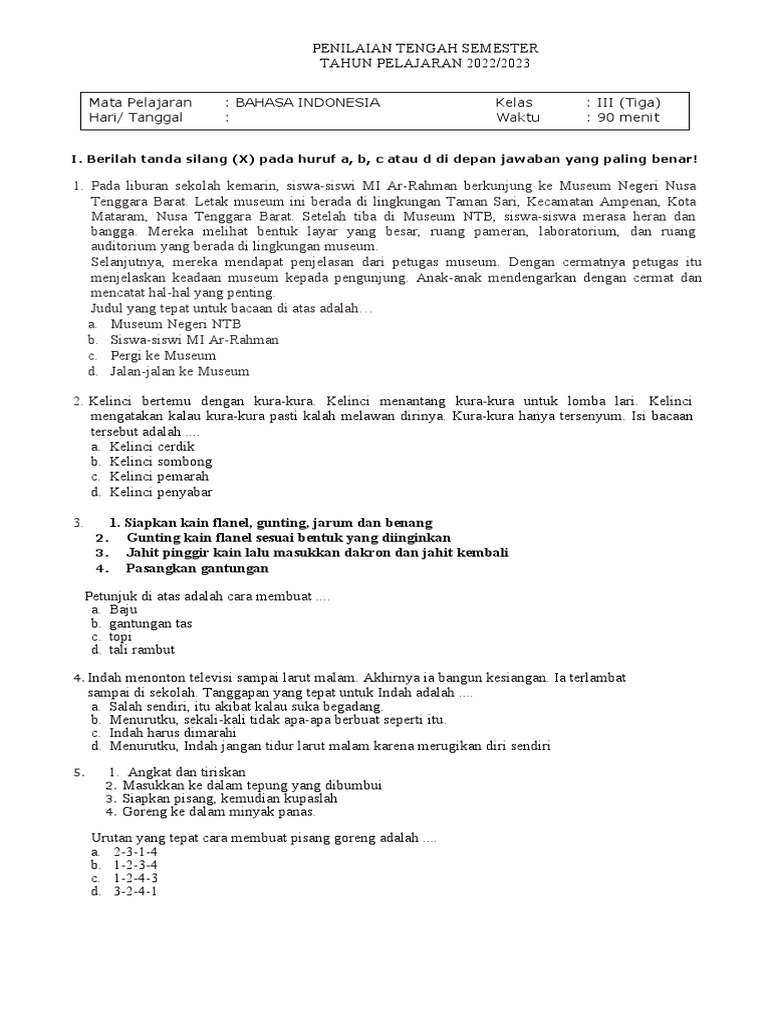 Soal Uas Bahasa Indonesia Kelas3 (Miassulaimaniyah) | PDF