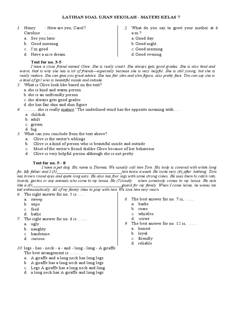 Latihan Soal Bahasa Inggris Kelas 7-8 | PDF | Cakes | Trees