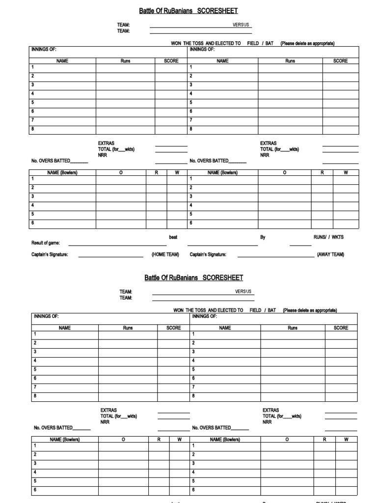 Cricket Score Sheet 5 | PDF | Forms Of Cricket | Sports Rules And ...