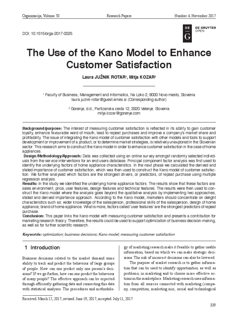 The Use of The Kano Model To Enhance Customer Satisfaction | PDF | Customer Satisfaction ...