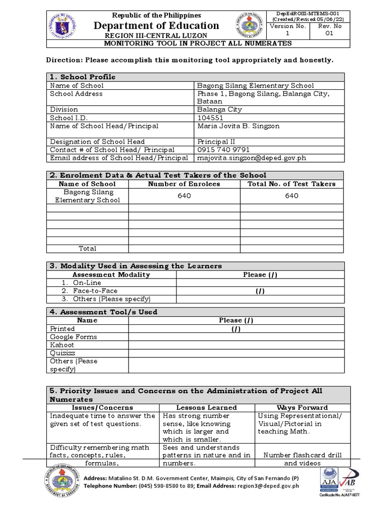 BSES Monitoring Tool in The Administration of PAN For SY 2022 2023 ...