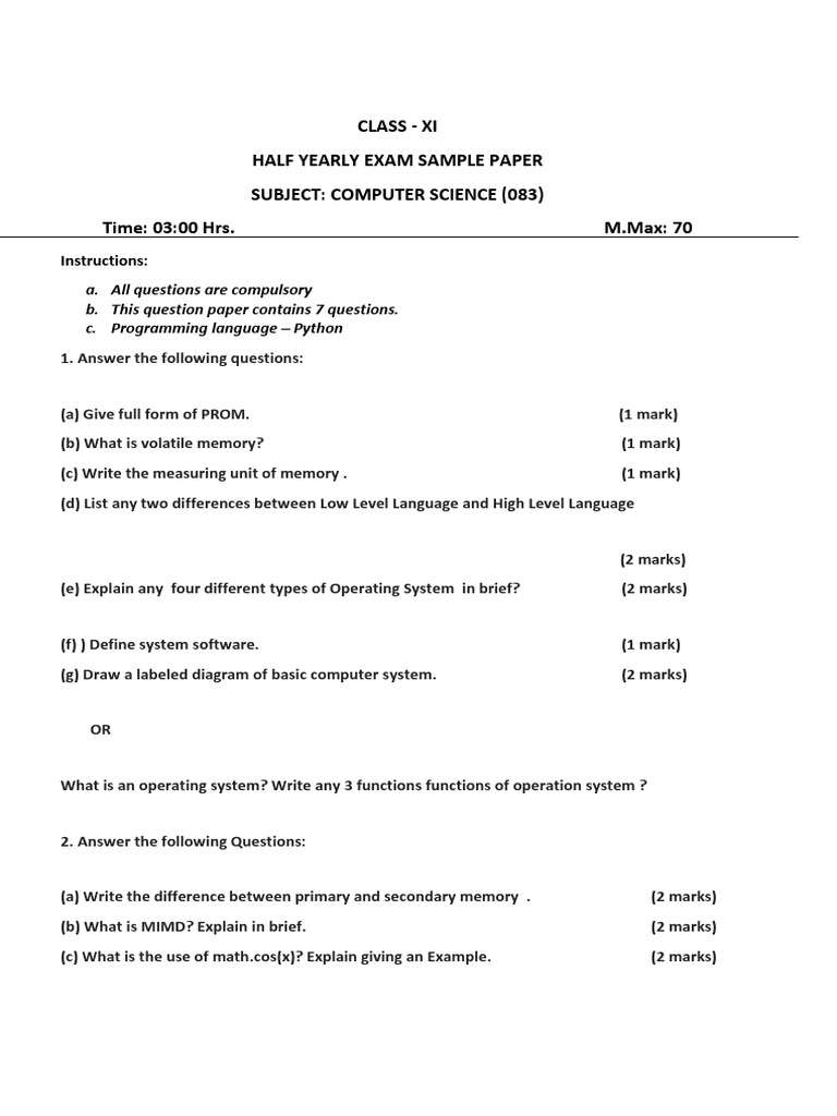 CLASS XI (COMPUTER SCIENCE) HALF YEARLY QP Bhopal Region | PDF ...