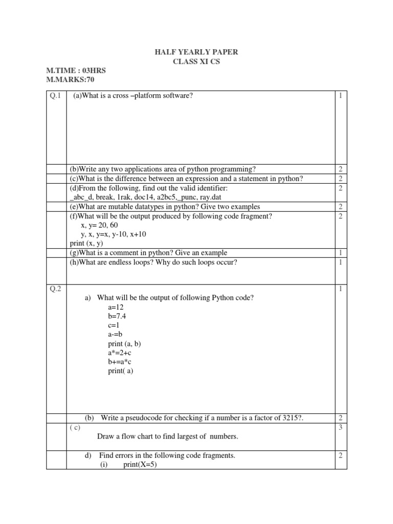 Half Yearly Paper Class Xi Cs Exam Questions Pdf Control Flow Python Programming Language