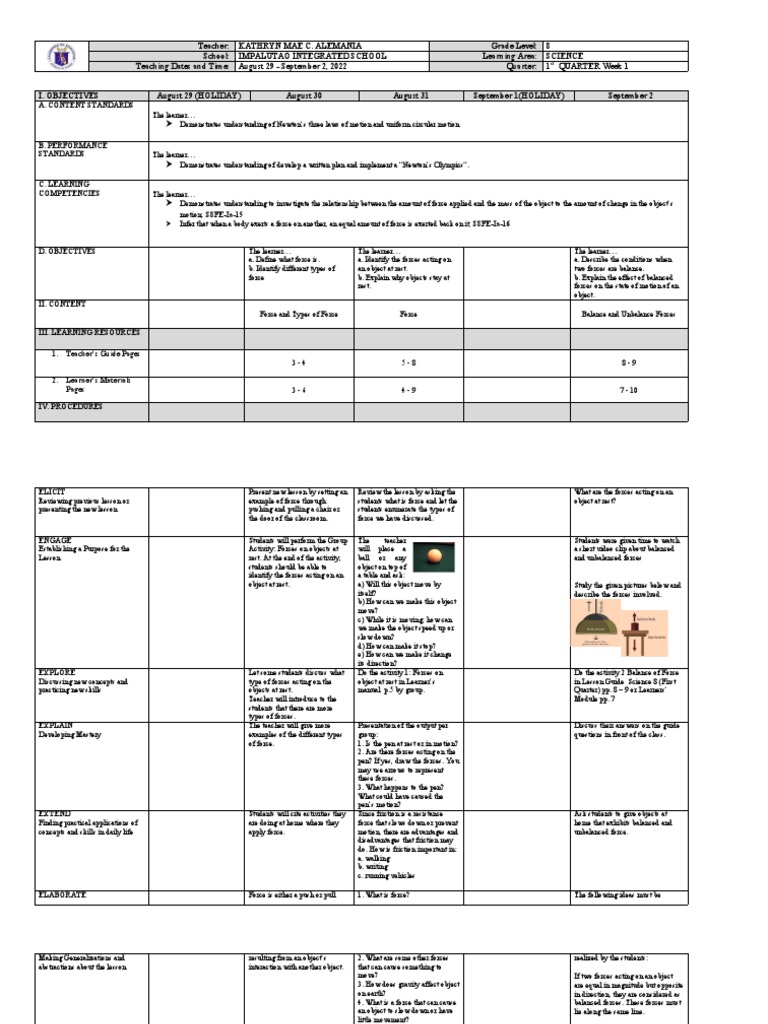 Science LESSON PLAN - Week 1 | PDF | Force | Friction