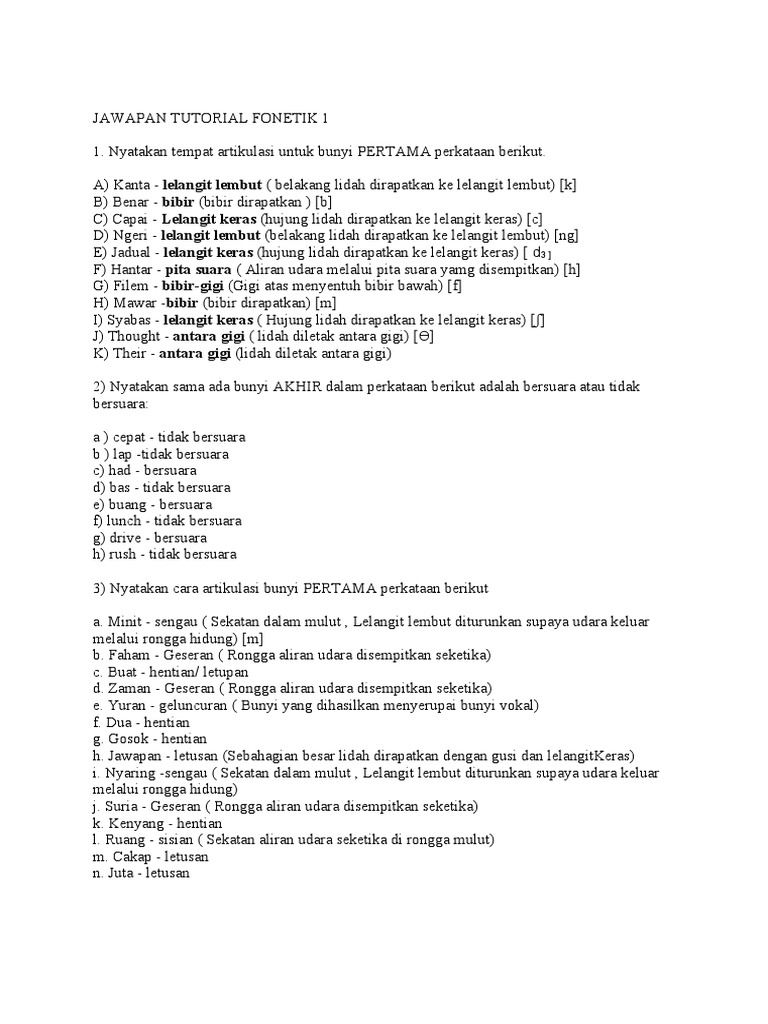 Jawapan Tutorial Fonetik 1 | PDF